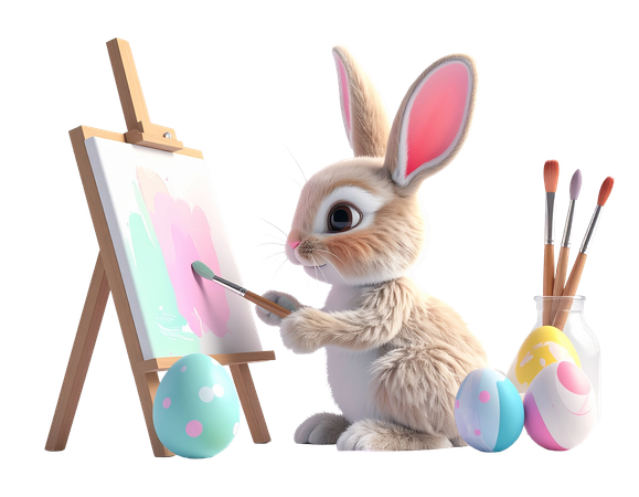 AI Easter Bunny Painting Eggs On A Canvas With A Wooden Easel For A Spring Holiday Celebration ...